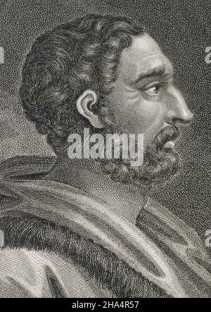 Antique 1803 engraving of Demosthenes. Demosthenes (384-322 BC) was a ...