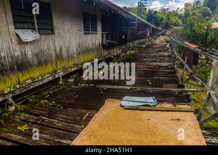 Veranda of a traditional longhouse near Batang Rejang river, Sarawak ...