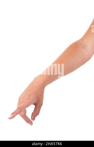 arm, pointing, finger, outstretched, down, woman, white, background ...