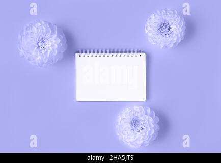 Beautiful background with opened blank spiral notepad and pen framed ...