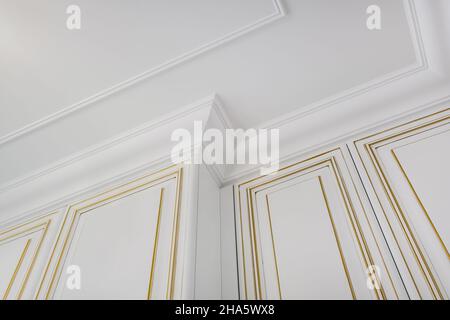 Detail of corner ceiling with intricate crown molding on column with ...