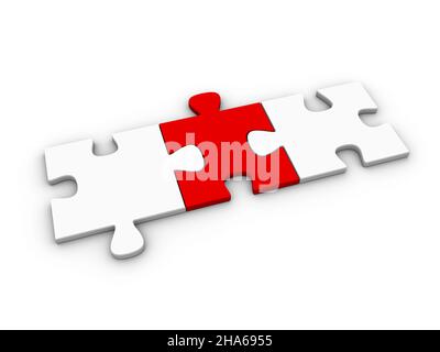 Three jigsaw puzzle pieces connected on white background. Teamwork or ...
