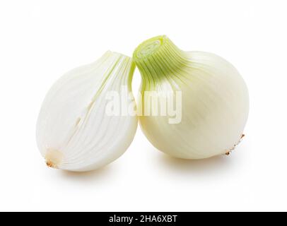 Peeled fresh onions and cut onions on a white background Stock Photo ...