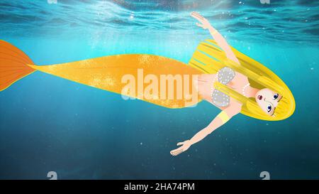 3d illustration - mermaid swimming in deep blue ocean waves from ...