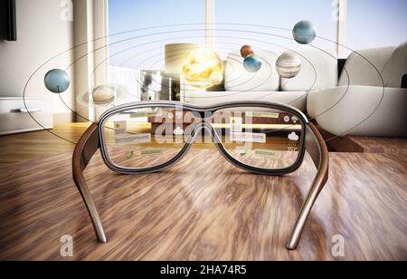 Augmented reality glasses and solar system planets in the room. 3D ...