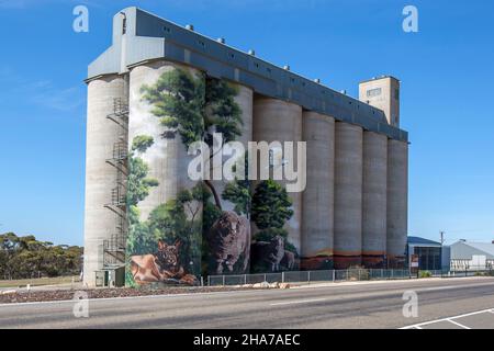 Murals known as the Karoonda Silo Art displayed on the grain silos at ...