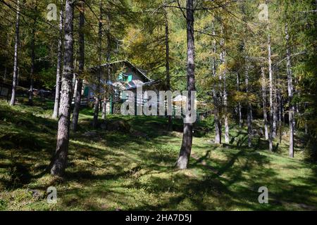 Italy The beautiful alpine refuge Val Gravio immersed in a beech forest ...