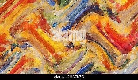 Abstract oil painting style pink roses in garden with blue grey canvas ...