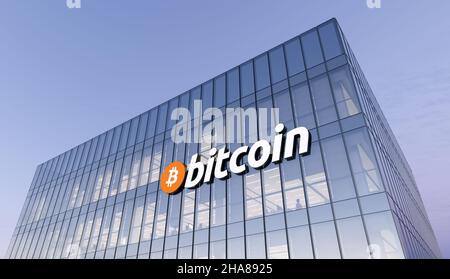 Bitcoin Signage on the Glass High Rise Building. BTC Workplace in High ...