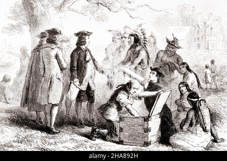 William Penn treaty with Native Americans in Pennsylvania 1680s. Hand ...