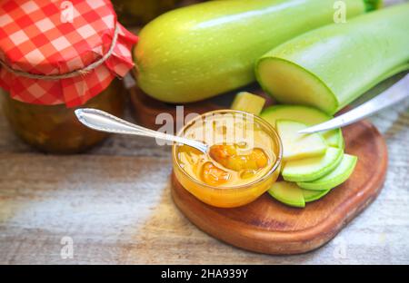 Zucchini jam in a jar. Selective focus. Food Stock Photo - Alamy