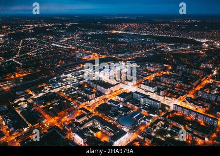 Brest, Belarus. Night Aerial Bird's-eye View Of Brest Cityscape Skyline ...