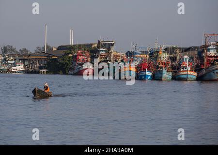 Fishing boats seen anchored at Pattani fish market's sea port.Pattani ...