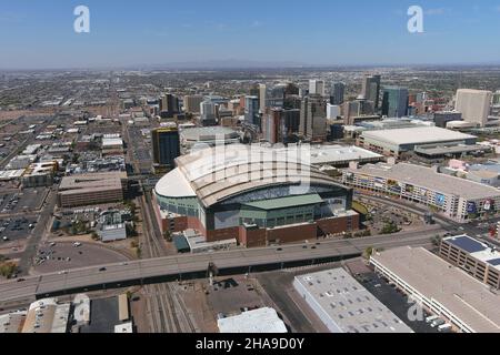 An aerial view of Chase Field and the downtown skyline, Tuesday, March ...