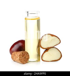 Bottle of chestnut essential oil on white background Stock Photo - Alamy