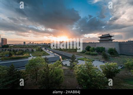 Shanxi Datong cityscapes, Datong old city wall at sunset Stock Photo ...