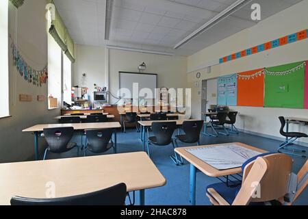 Empty Classroom In Elementary School With Whiteboard And Desks Stock ...