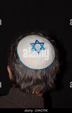 kippah cap in the Israeli flag style against the background of a ...