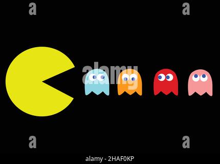 Pac-Man with his enemies vintage game theme vector illustration. Retro ...
