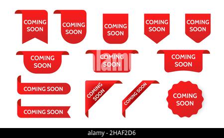 Coming soon promo labels. Red ribbons. Vector bage and banners Stock ...