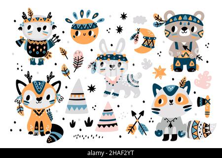 rabbit and owl tribal animal with feathers vector illustration Stock ...