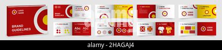 Red Brand Guidelines template. Brand Manual presentation in A4 size. Logo Guideline mockup. Logo ...