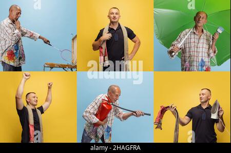 Collage of group of young people over colorful isolated background ...