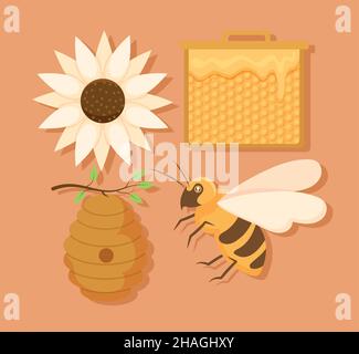 Four honey icons. Honey icons set. Bee set. Honey, bees, sunflower, beehive. Vector illustration ...