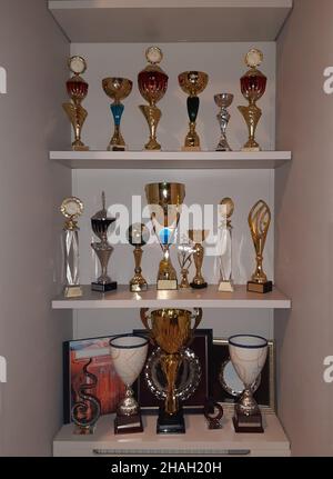 Golden sports cups for winning competitions on a shelf Stock Photo - Alamy