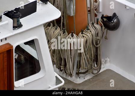 sailing ship deck with visible nagelbank and wooden rope blocks Stock ...