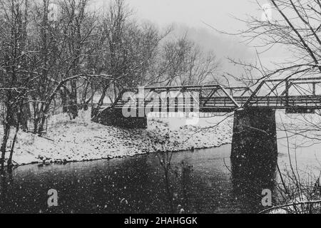 A greyscale shot of a Cold River Bridge surrounded by trees Stock Photo ...