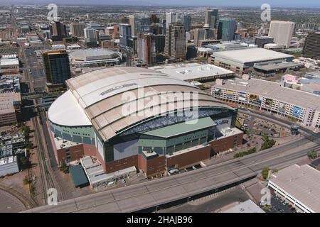An aerial view of Chase Field and the downtown skyline, Tuesday, March ...