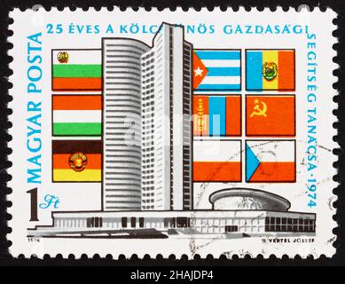 HUNGARY - CIRCA 1974: Comecon Building Moscow and Flags, circa 1974 ...