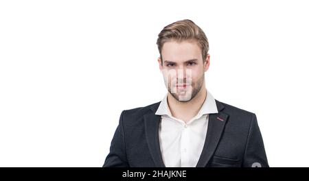 Qualified expert isolated on white. Ask the expert, copy space. Man ...
