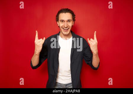 Photo of young excited overjoyed curly hair woman wear stylish striped ...