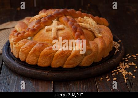 Serbian slava bread baked and decorated in traditional style Stock ...