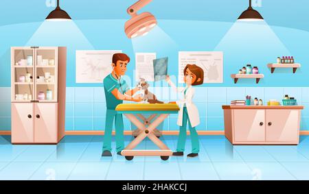 Veterinary clinic practice interior cartoon composition with ...