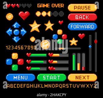 Level Up screen. Pixel video game achievement, pixels 8 bit games ui ...