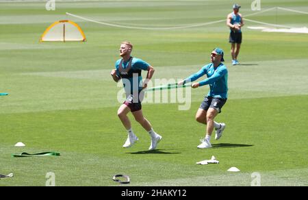 England's Ben Stokes (left) during a nets session at Trent Bridge ...