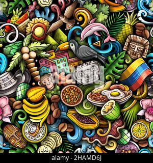 Cartoon doodles Colombia seamless pattern. Backdrop with Colombian ...