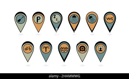 Safety pins icons with travel symbols pictograms. Points on the route ...