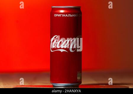 KHARKIV, UKRAINE - DECEMBER 14, 2021: A can of Coca Cola drink. The ...
