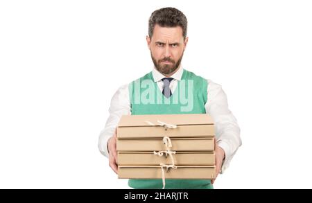 mature businessman hold folder heap with documents looking at ...