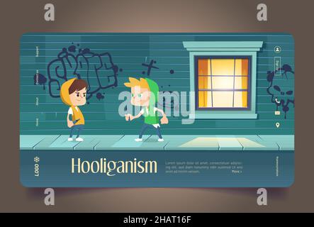 Hooligans drawing graffiti on wall use liners, teenagers or kids making ...