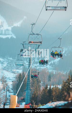 Bukovel, February 23, 2021: winter ski resort skiing and snowboarding ...