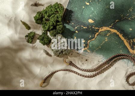 Unrolled moss green yoga mat, rope for stretching and dried moss on ...