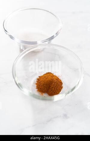 Measured ingredients in glass bowls to prepare mermaid cakesicles Stock ...