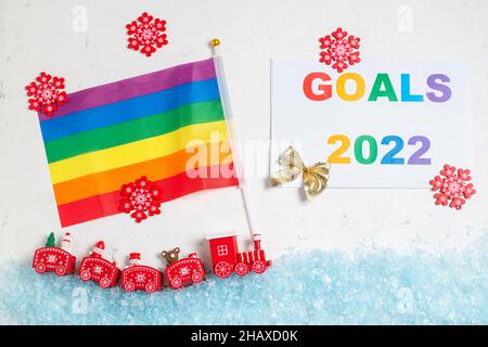 LGBT and New Years goals concept. New Year's steam locomotive with ...