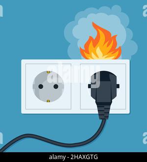 Socket and plug on fire from overload. Electrical safety concept. Short ...