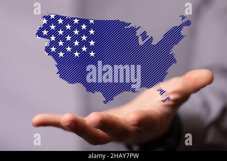 3D rendered USA map hovering on a person's hand Stock Photo - Alamy